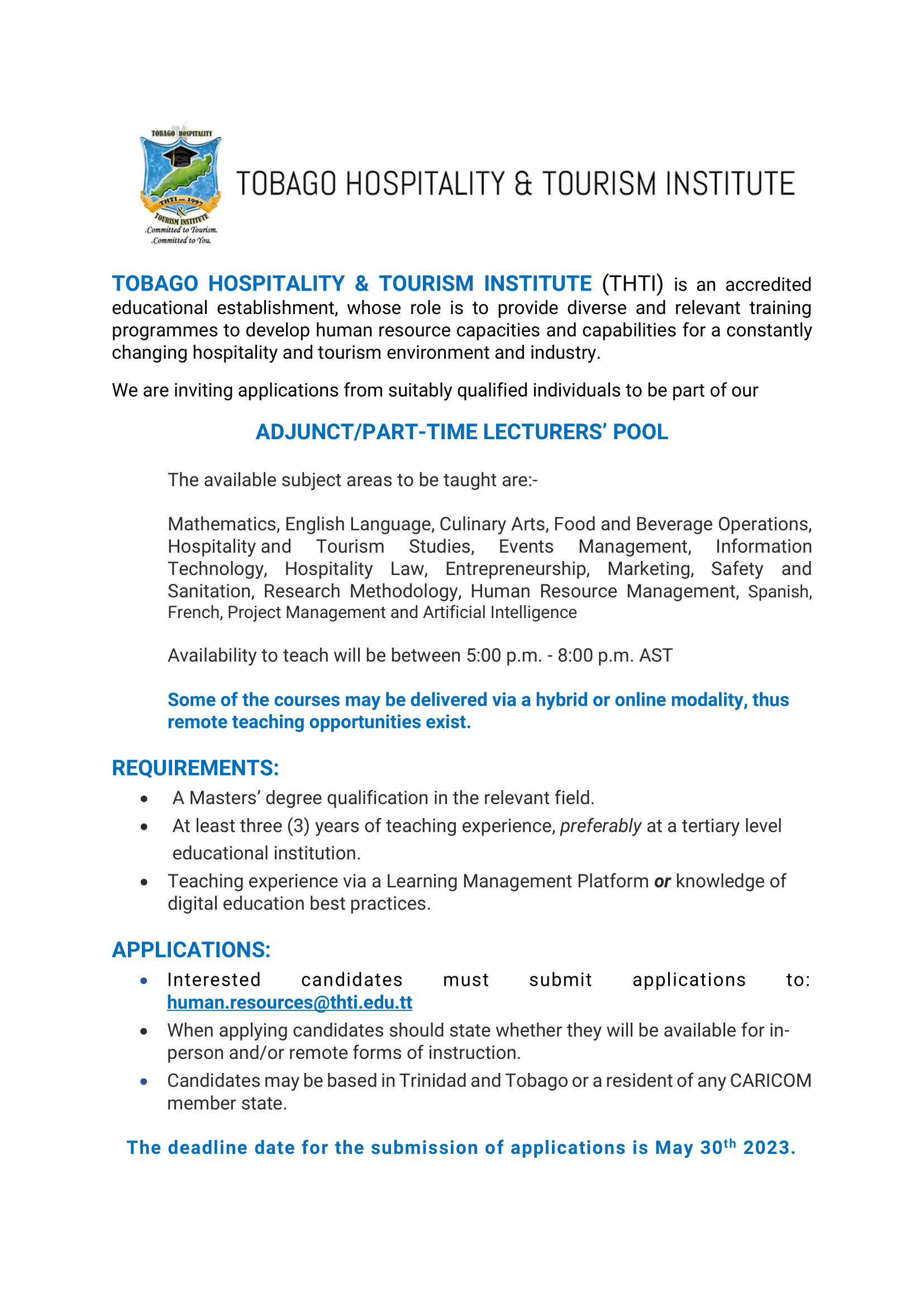 Careers - Tobago Hospitality & Tourism Institute